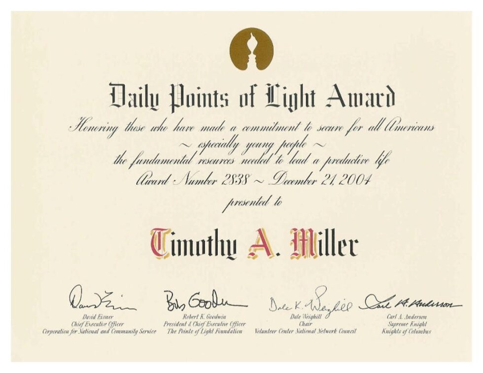 Letter Of Gratitude From Points Of Light Foundation To Tim Miller ...