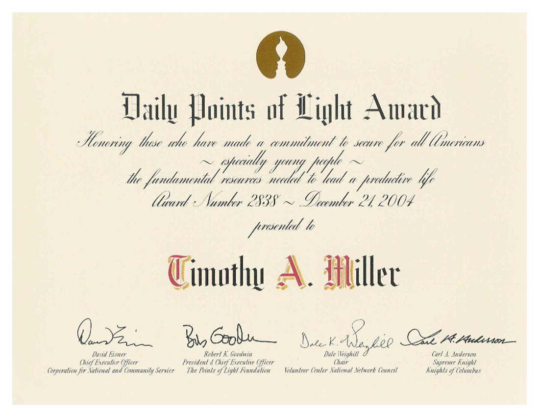 Letter Of Gratitude From Points Of Light Foundation To Tim Miller ...