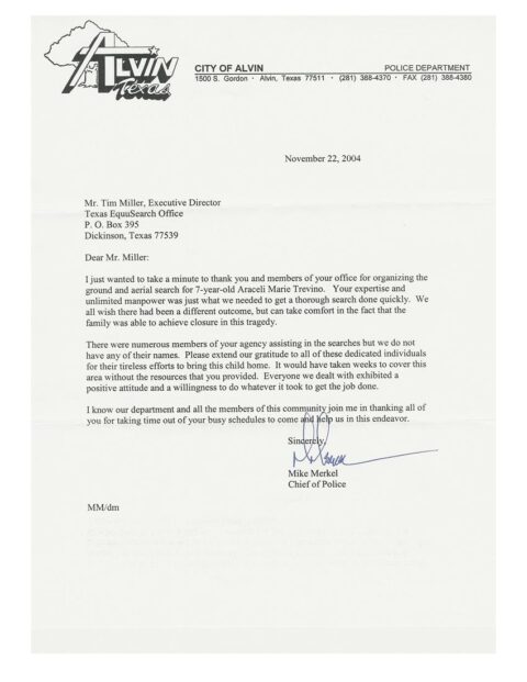 Letter Of Gratitude From Alvin, TX Police Chief – Missing 7-Year-Old ...