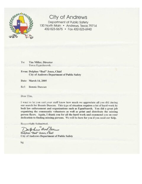 Letter Of Commendation From City Of Andrews, TX DPS - Texas EquuSearch ...
