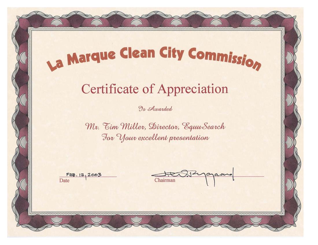 Certificate Of Gratitude From City Of LaMarque To Tim Miller - Texas ...