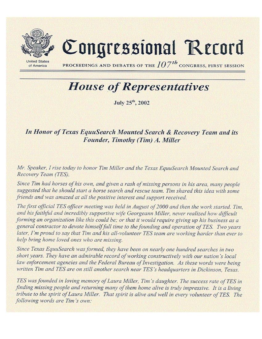 Letter Of Thank You Recognizing Congressional Speech Honoring Tim ...