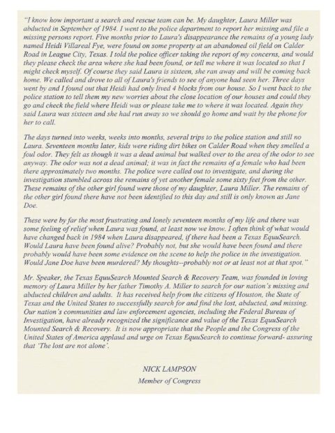 Letter Of Thank You Recognizing Congressional Speech Honoring Tim ...