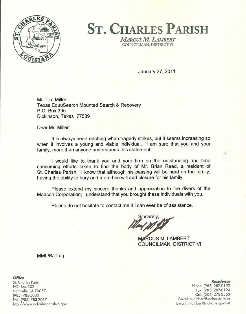 Letter Of Commendation From St. Charles Parish Regarding Brian Reed ...