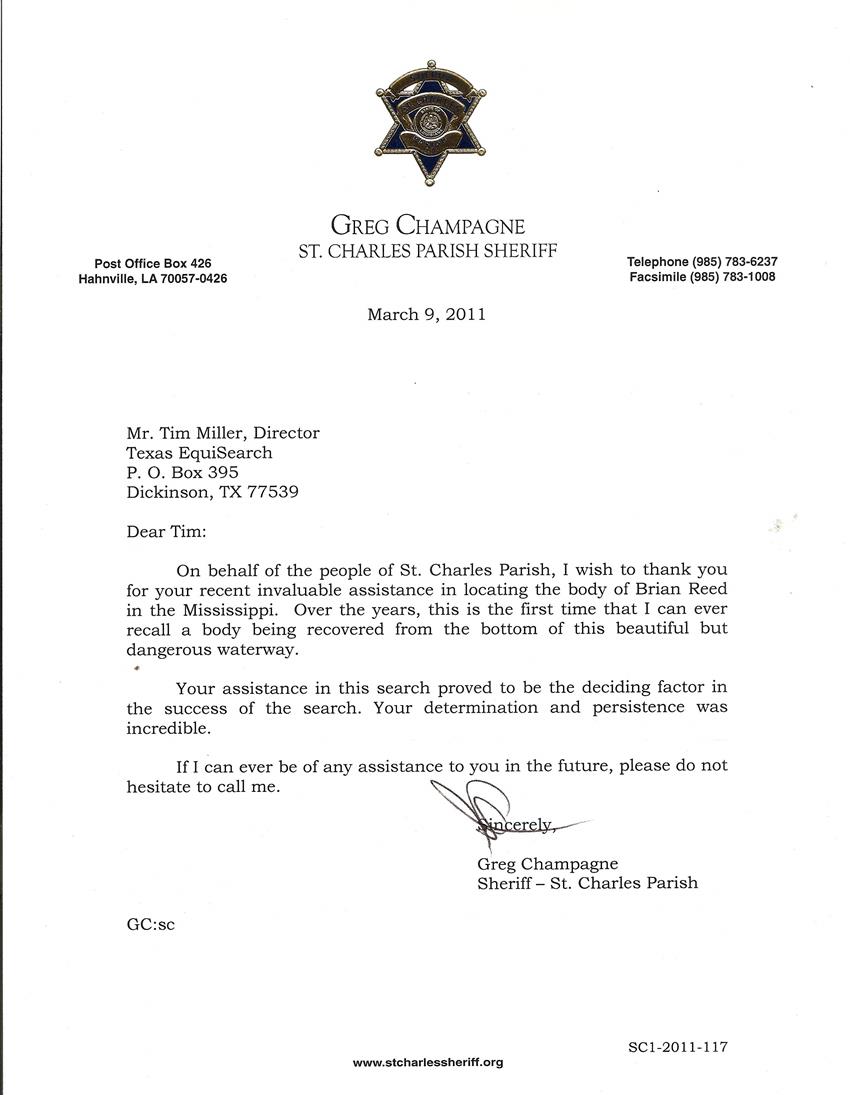 Letter Of Acknowledgment – St. Charles Parish Sheriff (Brian Reed Case ...