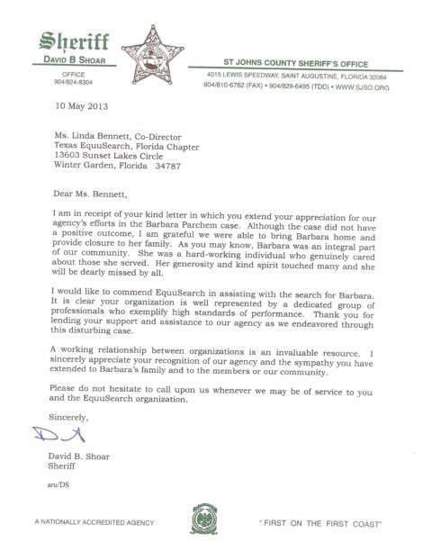 Letter Of Gratitude From The St. Johns County Sheriff’s Office (Florida ...
