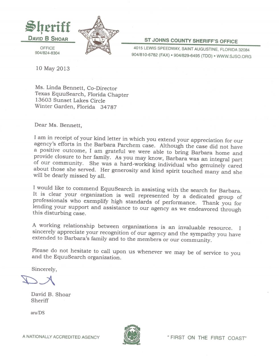 Letter Of Gratitude From The St. Johns County Sheriff’s Office (Florida ...